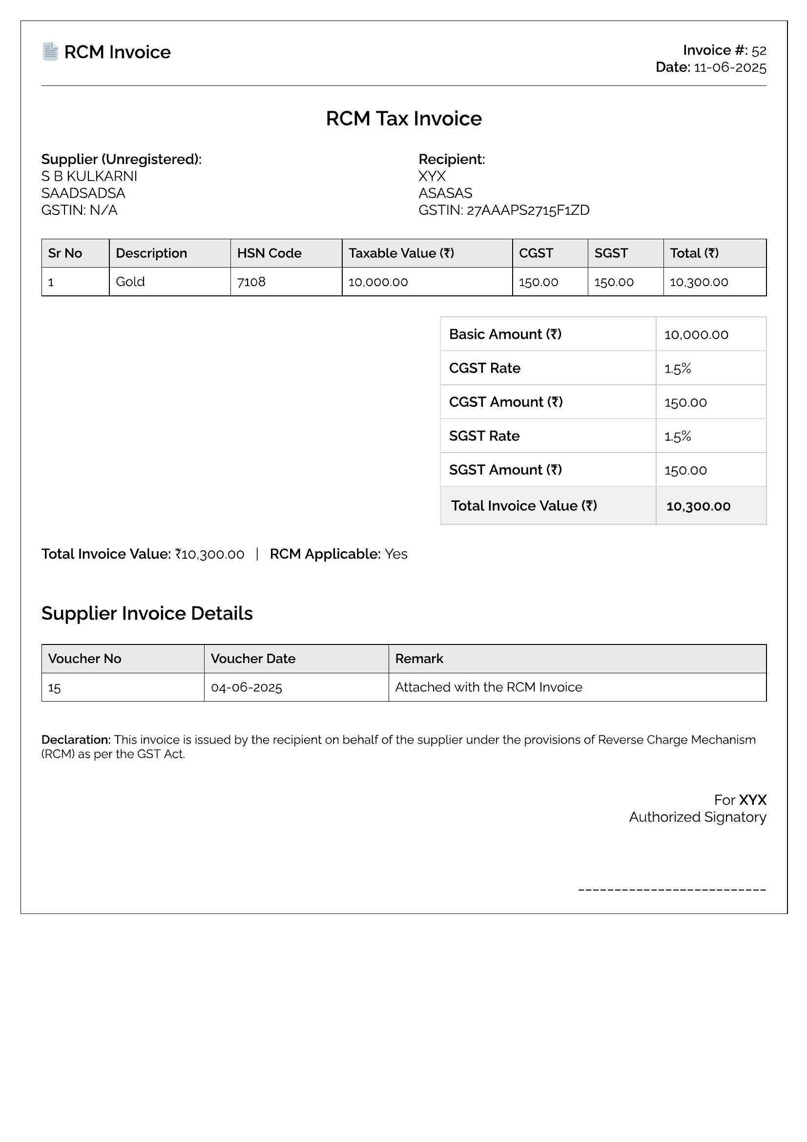 RCM Invoice Sample Preview